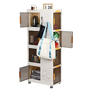 GIFZES Closet Organizers and Storage with Lids and Doors, 4 Tier Plastic Storage Bins Organizer, Collapsible Stackable Storage Bins with Wheels, Folding Storage Box for Closets White
