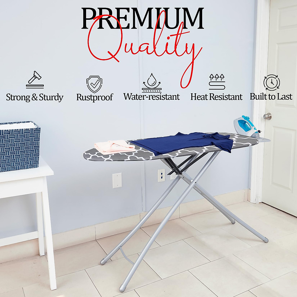 Tidy Zebra Ironing Board Made in USA – Compact Space Saving Standard Ironing Table with Extra Thick Cotton Ironing Boards Cover & Iron Rest – Collapsible Ironing Board for Easy Storage