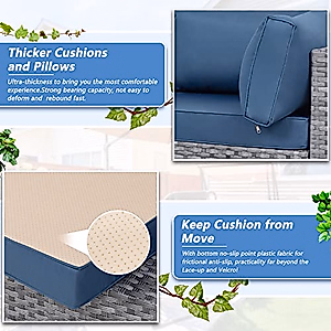 Shintenchi 5 Pieces Outdoor Patio Sectional Sofa Couch, Silver Gray PE Wicker Furniture Conversation Sets with Washable Cushions & Glass Coffee Table for Garden, Poolside, Backyard (Aegean Blue)