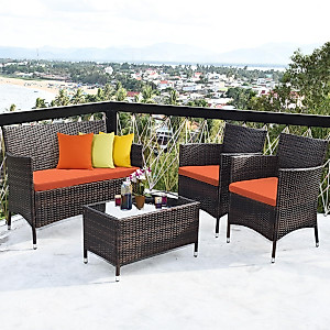 Tangkula 4-PCS Patio Rattan Conversation Set, Outdoor Wicker Furniture Set with Tempered Glass Coffee Table &Thick Cushion, Rattan Chair Wicker Set for Garden, Lawn, Poolside and Backyard (1, Orange)