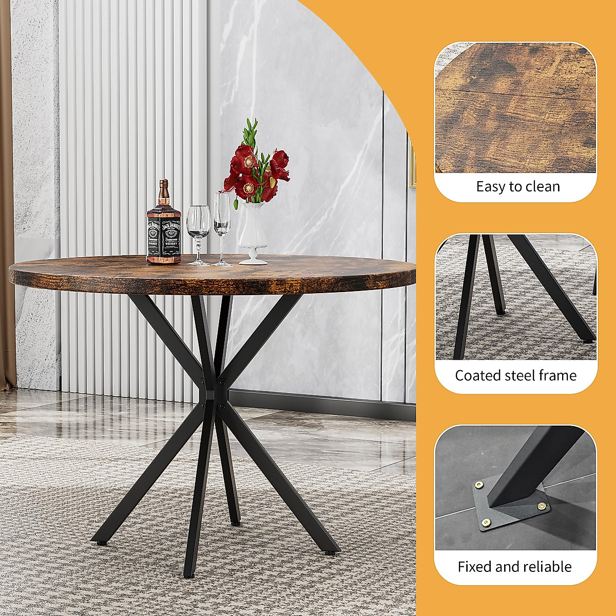 DKLGG Brown Round Dining Table, Mid-Century Modern Round Dining Table for 4-6 Person, 39" Coffee Table with Metal Black Legs for Cafe/Bar Kitchen Dining Office, Save Space (only Table)