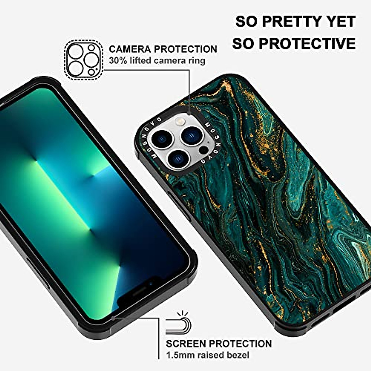 MOSNOVO Case for iPhone 13 Pro Max, [Compatible with Magsafe] [Buffertech 6.6ft Military-Grade Drop Protection] [Anti Peel Off Tech] Clear Phone Case Design - Jade Marble (Real Glitter)