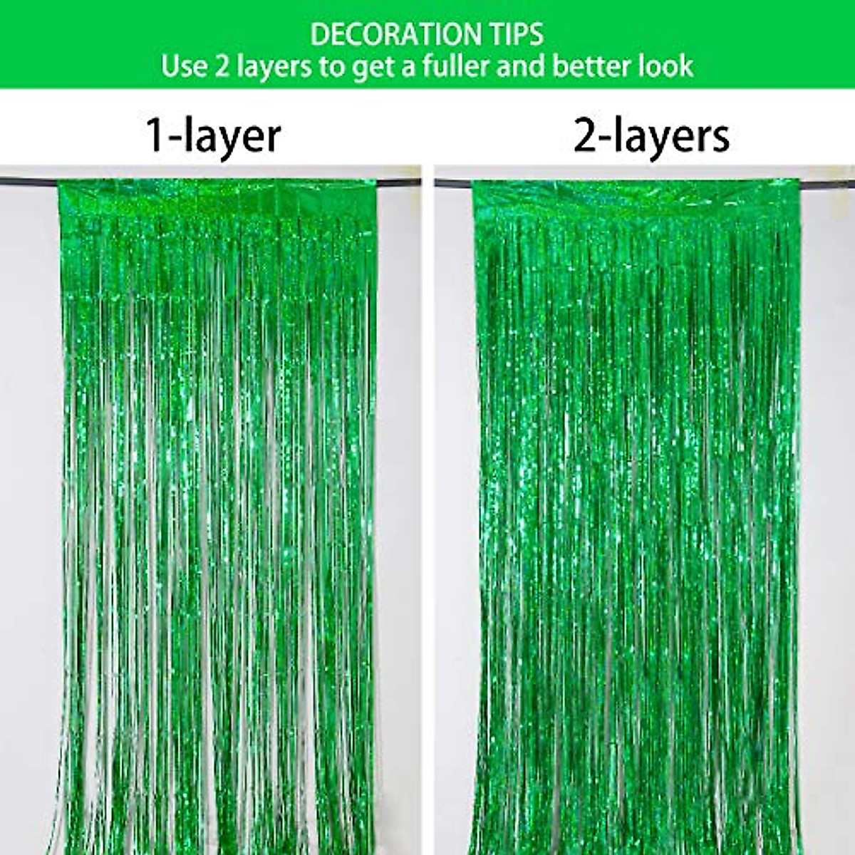 Foil Fringe Curtains Party Decorations - Melsan 3 Pack 3.2 x 8.2 ft Tinsel Curtain Party Photo Backdrop for Birthday Party Baby Shower or Graduation Decorations Green
