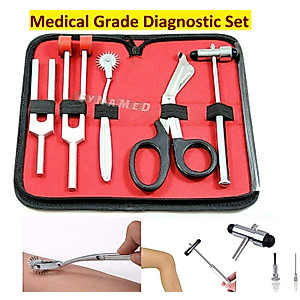 Premium Student Diagnostic Kit- Reflex Hammer & Tuning Fork Set C 128 And C 512 + Wartenberg Pinwheel Premium Steel Bandage Scissor 7.5” (Set Of 5 Buck Reflex Hammer Black Scissor)