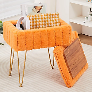 Wimarsbon Faux Mink Fur Storage Ottoman, Modern Soft Footstool, Storage Bench with Metal Legs, Vanity Seat, Fur Stool, Ottoman Coffee Table, Makeup Chair, Vanity Stools for Bedroom (Orange)