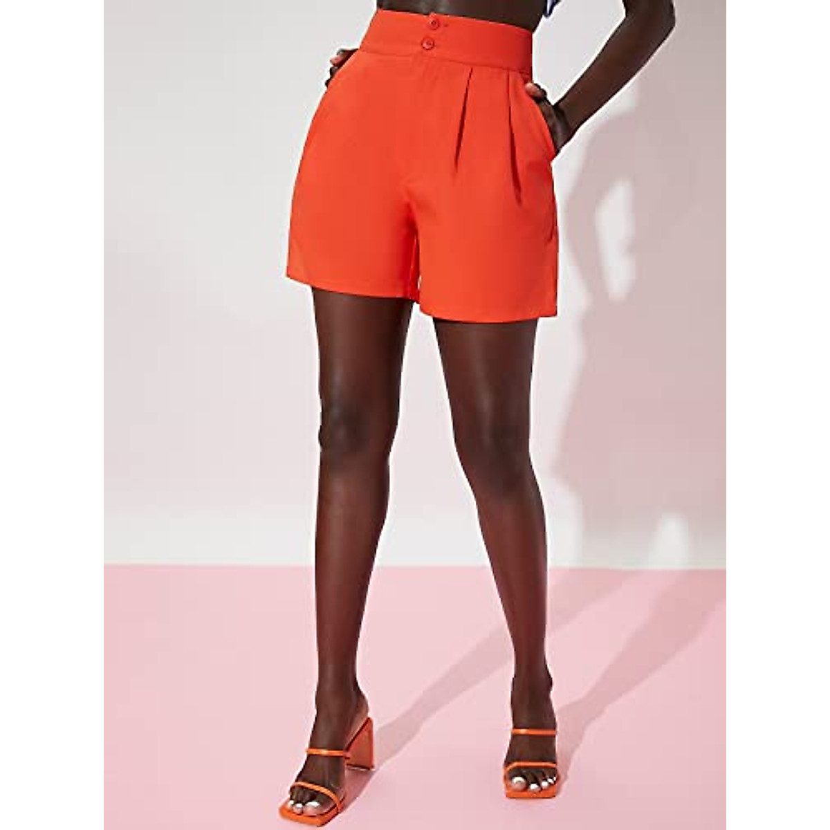 Floerns Women's Casual High Waist Wide Leg Workwear Shorts with Pockets Orange L