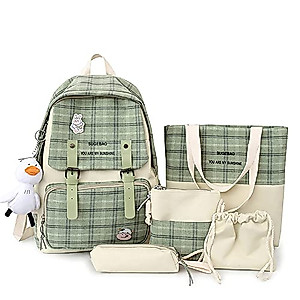 DAHUOJI 5Pcs Kawaii Backpack Set with Badge & Duck Pendant,Japanese Aesthetic Check Bookbag for Girls Cute Plaid School Bags Comes with Tote Bag,Shoulder Bag,Pencil Box,Small Bag(Green,16in)