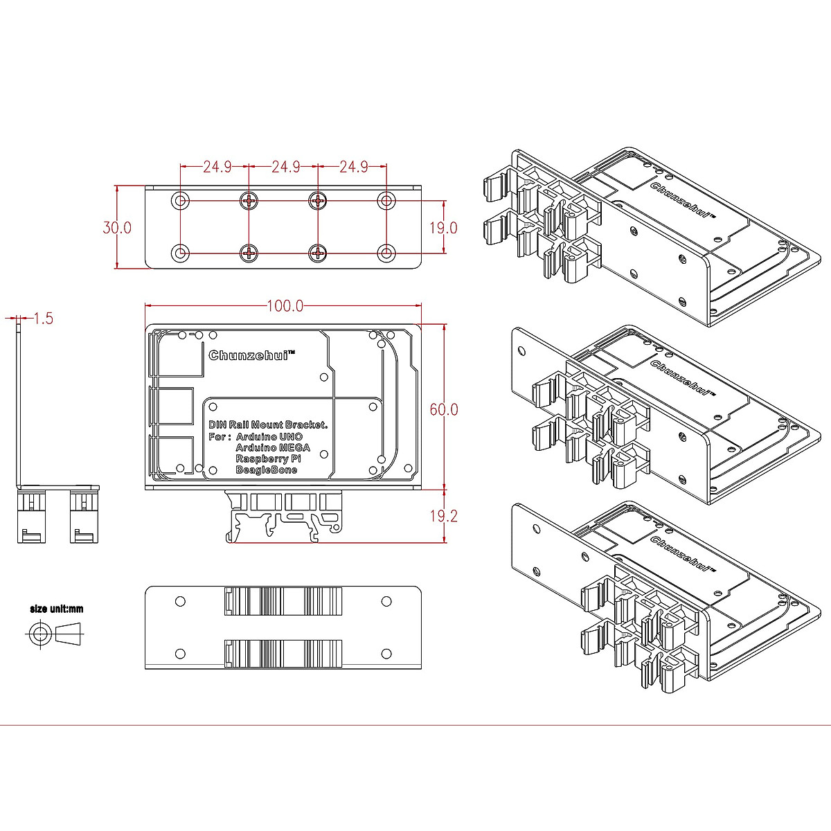 DIN Rail Mount Bracket for Raspberry Pi 1A+ 1B+ 2B 3B 3B+ 4B Zero, UNO Mega-2560 BeagleBone Black