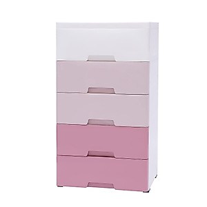 LIYUANJUN Clothes Storage Bins Cupboard, 5-layers PP Tower Closet Shelf Organizer Storage Dressers Shelf for Books, Toys, Keys, Towels Wardrobe Container Drawer Type with Handle, Pink
