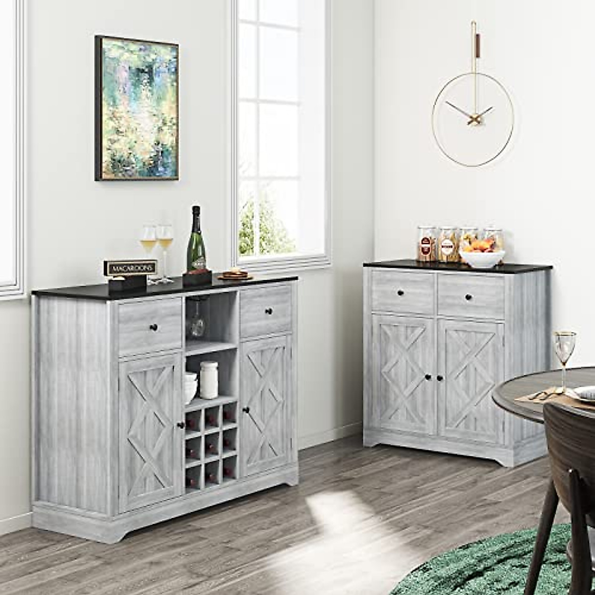FOTOSOK Buffet Sideboard Bar Cabinet with Storage, 44.5” Farmhouse Buffet Server Bar Wine Cabinet with Removable Wine Racks, Wood Coffee Bar Cabinet Cupboard Table Dining Room Furniture Organizer