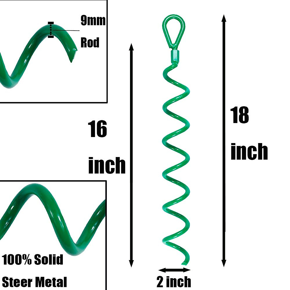 4 Pcs 18 Inch Spiral Ground Anchors Kit Green Metal Ground Stakes Dog Tie Out Stake Spiraling Anchor Trampoline Anchors for Tent, Securing Trampolines,