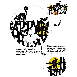 Halloween Cake Topper Glitter Halloween Birthday Cake Toppers Decorations for Boys Girls Spooky Cat Witch Ghost Castle Pumpkin Halloween Happy Birthday Party Decoration Supplies