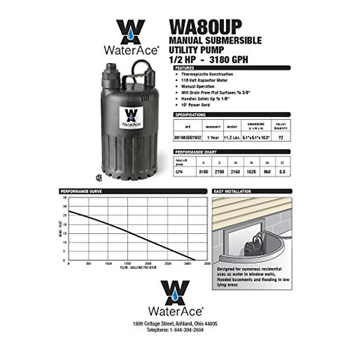 WaterAce WA80UP Submersible Utility Pump, 1/2 HP, Black