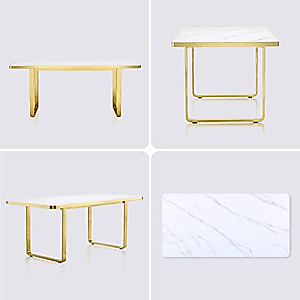 AZhome 7-Piece Dining Set, Gold Dining Room Table Set for 6, Black Leather Dining Chairs with Polished Stainless Steel Sled Base for Kitchen, Dining Room