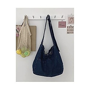 Retro Y2K Denim Shoulder Bag, Large Capacity Hobo Crossbody Messenger Bag, Aesthetic Handbag Fairy Grunge Tote Bag (Dark Blue)
