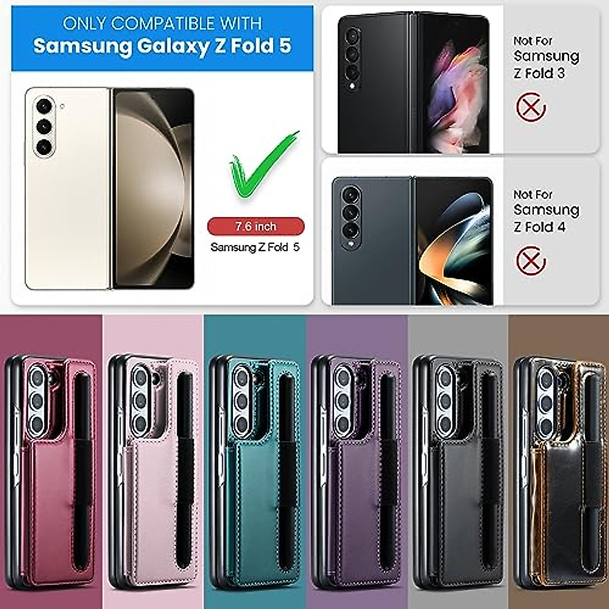 Vinich for Samsung Galaxy Z Fold 5 Wallet Case with S Pen Holder, [Front Cover] [RFID Blocking] [Card Holder] [Kickstand] Shockproof Phone Case for Galaxy Z Fold 5, Rose Gold