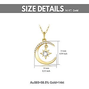 SISGEM 14k Gold Moon Necklace for Women, Real Gold Moon and North Star Pendant with Chain, Jewelry Gifts for Her, 16+1+1 Inch