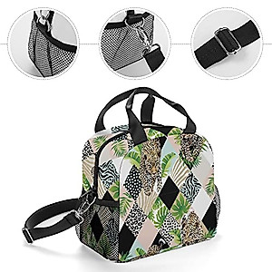 Tropical Palm Leaves and Exotic Leopard Printed Lunch Box Tote Bag with Handles and Shoulder Strap for Men Women Work Picnic