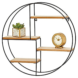 mDesign Round Metal Wall Mount Display Organizer Holder, 4 Shelf - to Store and Show Off Small Collectibles, Figurines, Mugs, Succulent Plants - Black/Natural