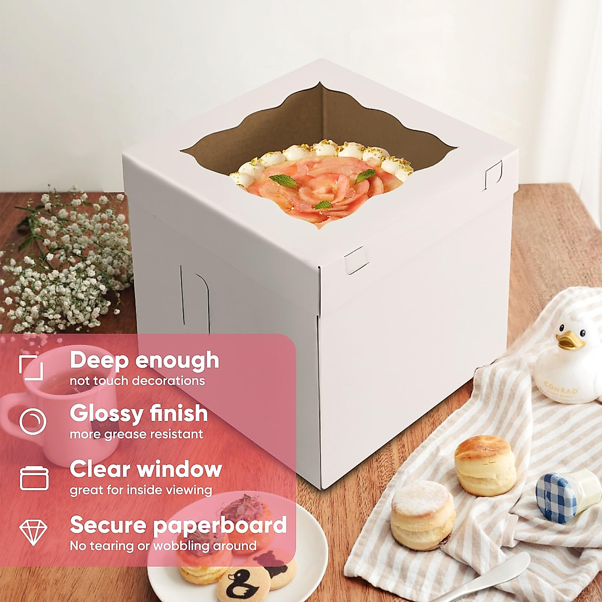 Zeonly 5 Pcs 10x10x8 inch Corrugated Cake Boxes with Cake Boards,10 inch Tall Cake Box with Stickers and Ribbon for Christmas Wedding Birthday Party