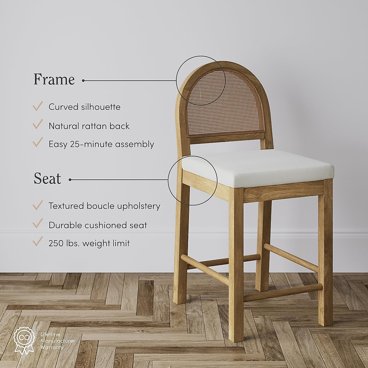 Nathan James Bailey Boucle Upholstered Rattan Bar Stool, Counter Height Stool with Natural Rattan Woven Back For Kitchen Island, Light Brown