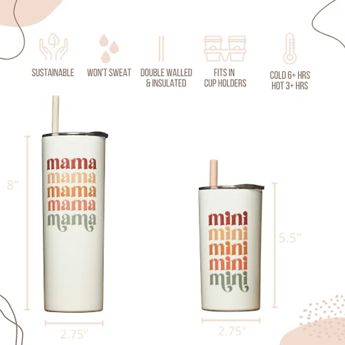 Lucky Love Mama + Mini Stainless Steel Cups for Kids and Adults - 3D Printed Leopard Insulated Tumblers with Lids and Straws Making This Mom Mug and Toddler Straw Cup Spill Proof (White Retro)