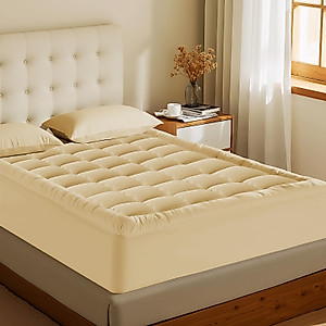 MATBEBY Queen Size Mattress Pad - Cooling Breathable Mattress Topper, Quilted Fitted Mattress Protector, Pillow Top Mattress Cover with 8-21" Deep Pocket, Soft, Machine Washable, Beige, 60x80 Inches