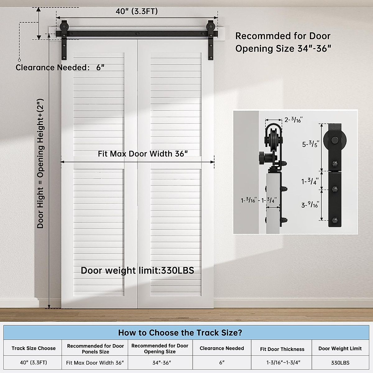 BONIKLUBA 40" Bi-Folding Sliding Barn Door Hardware Track Kit,Smoothly&Quietly,Side Mounted Black Roller,Easy Install,Door Not Included [Fit Double 18" Bifold Doors]