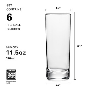OUWO Highball Glasses Set of 6, 11.5oz Tall Drinking Glasses, Water Glass for Kitchen, Mojito Glass Cups, Cocktail Glasses for Bar Glassware