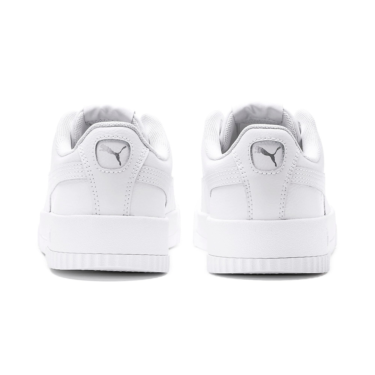 PUMA Womens Carina Leather Sneaker, PUMA Womens White-PUMA Womens White-PUMA Womens Silver, 9.5