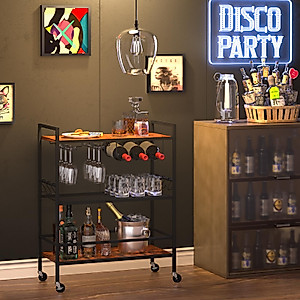 Yoobure Bar Cart with Wheels, Bar Carts for The Home, 3-Tier Rolling Kitchen Cart with Wine Rack and Glass Holder, Home Bar & Serving Carts with Hooks Wine Cart Microwave Cart for Kitchen Living Room