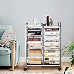 SILKYDRY 15 Drawers Rolling Storage Cart, Craft Cart Organizer with Lockable Wheels for Tools, Arts, Scrapbook, Papers, Multipurpose Utility Cart for Home Office School (Clear)