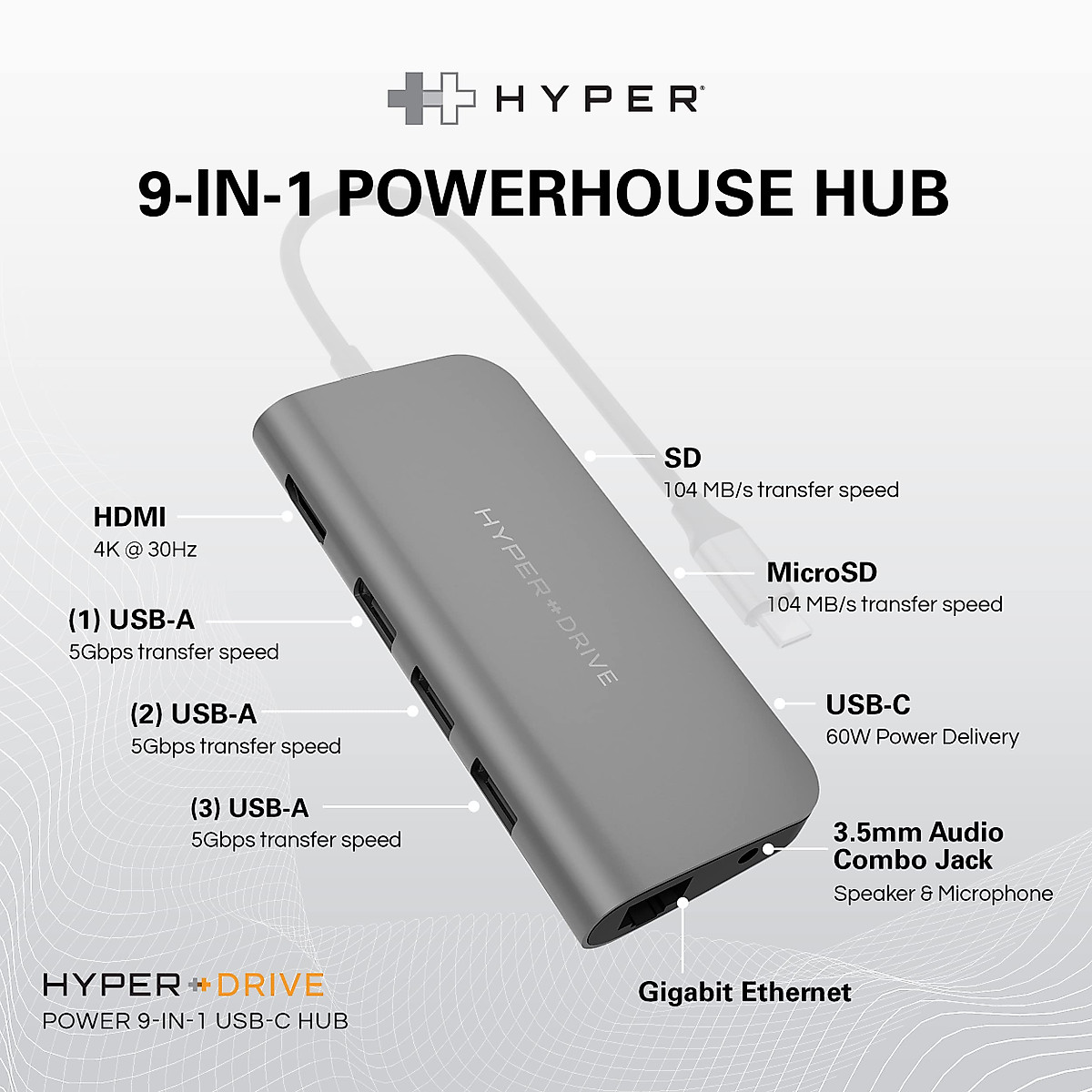 HyperDrive USB C Hub - 9-in-1 USB Hub 4K HDMI, Ethernet, 3.0 USB-A, USB C Power Delivery, MicroSD/SD, Audio Jack - Compatible with iPad Pro, MacBook, Chromebook, Windows - Space Gray