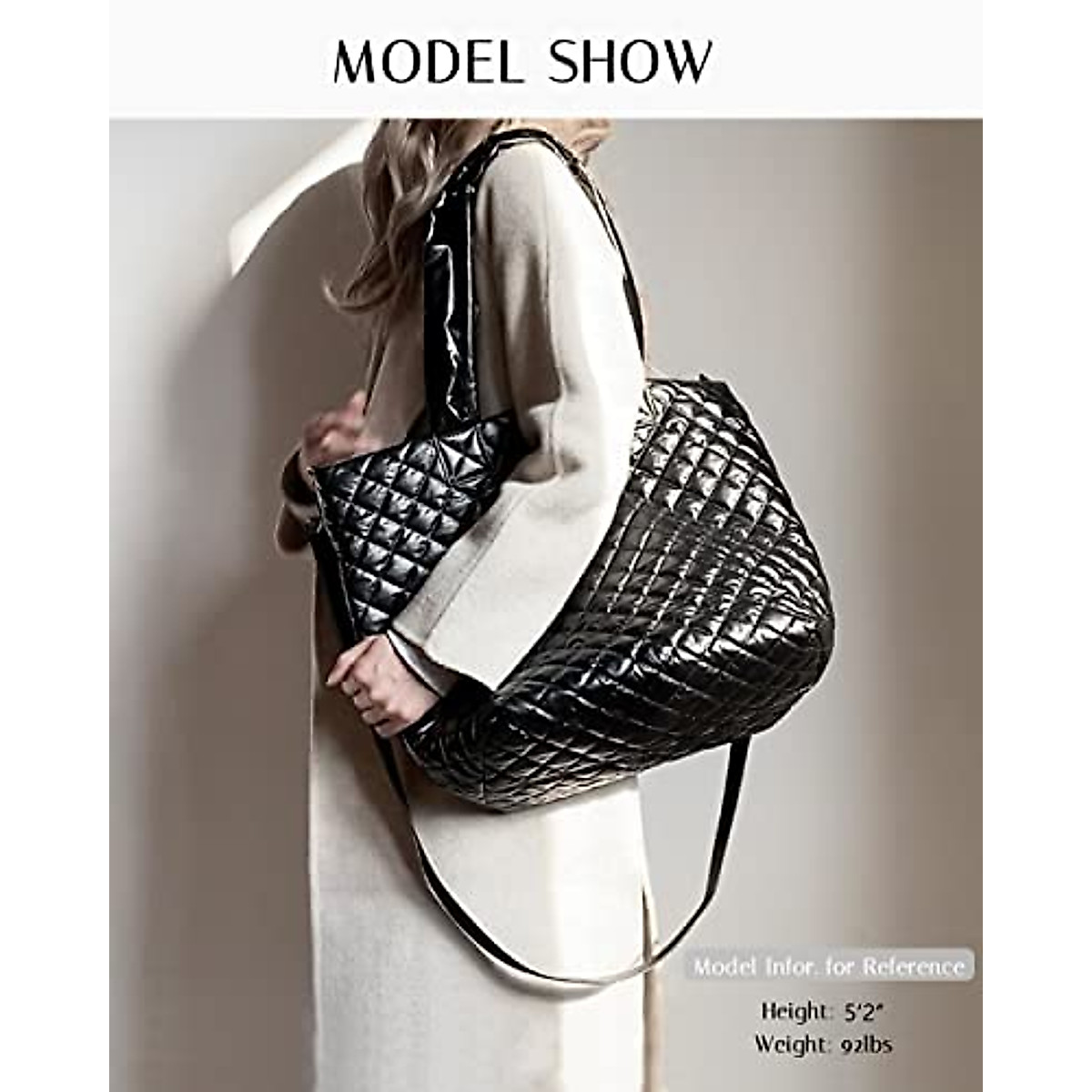 Hsitandy Quilted Tote Bag for Women,Weekender Bag,Light Nylon Quilted Crossbody Shoulder Bag for Travel,Work(Black)