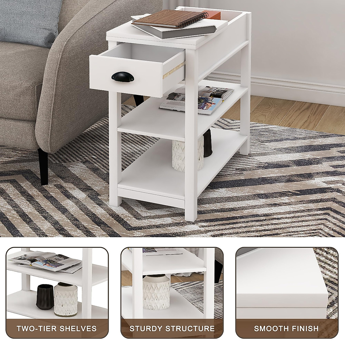 Narrow Flip Top End Table - LifeSky Slim End Table with Drawer - End Tables with Storage for Small Spaces Living Room White