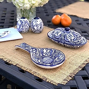Encantada MC125F Handmade Pottery Spoon Rest, Blue Flower