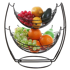 MyGift 2 Tier Black Metal Double Hammock Fruit Basket Vegetables and Produce Storage Rack Display Stand