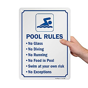SmartSign 14 x 10 inch “Pool Rules - No Glass, No Diving, No Running…” Metal Sign, Screen Printed, 40 mil Laminated Rustproof Aluminum, Blue and White
