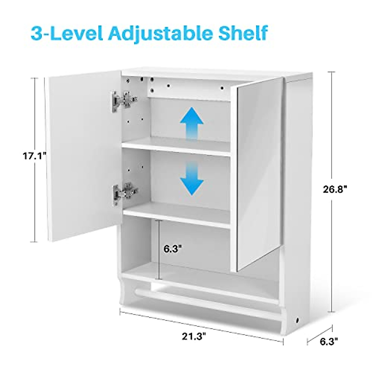 Nidouillet Bathroom Wall Cabinet with Mirror, 27" Wall Mounted Medicine Cabinet Storage with 2 Mirrored Doors, Adjustable Shelves, Towel Rack, White Hanging Cabinet for Over Toilet, Laundry Room