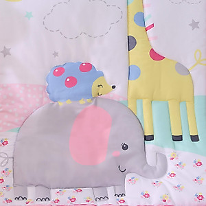 VIVILINEN Pink Elephant Crib Bedding Set for Girls 3 Pieces Giraffe Hedgehog Animals Infant Nursery Baby Crib Comforter Set with Crib Bed Blanket Quilt Fitted Sheet Skirt Set