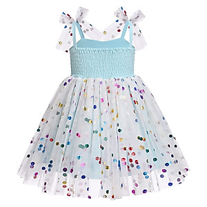 1st Birthday Dress for Baby Girl Toddler Kids First One Year Old Party Princess Dress 2nd 3rd Smash Cake Photo Shooting Spaghetti Straps Bowknot Polka Dots Layered Tulle Tutu Dress Light Blue 12-18M