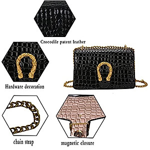 Qiayime Quilted Crossbody Shoulder Bag for Women Fashion Denim Leather Handbag Chain Messenger Satchel Purse Evening Bag (Crocodile black)