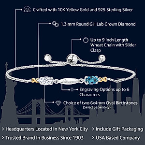 Gem Stone King 925 Sterling Silver and 10K Yellow Gold Personalized 2-Stone Oval Birthstones and White Lab Grown Diamond Name Engraved Adjustable Tennis Bracelet For Women For Mother's Mom Wife Her