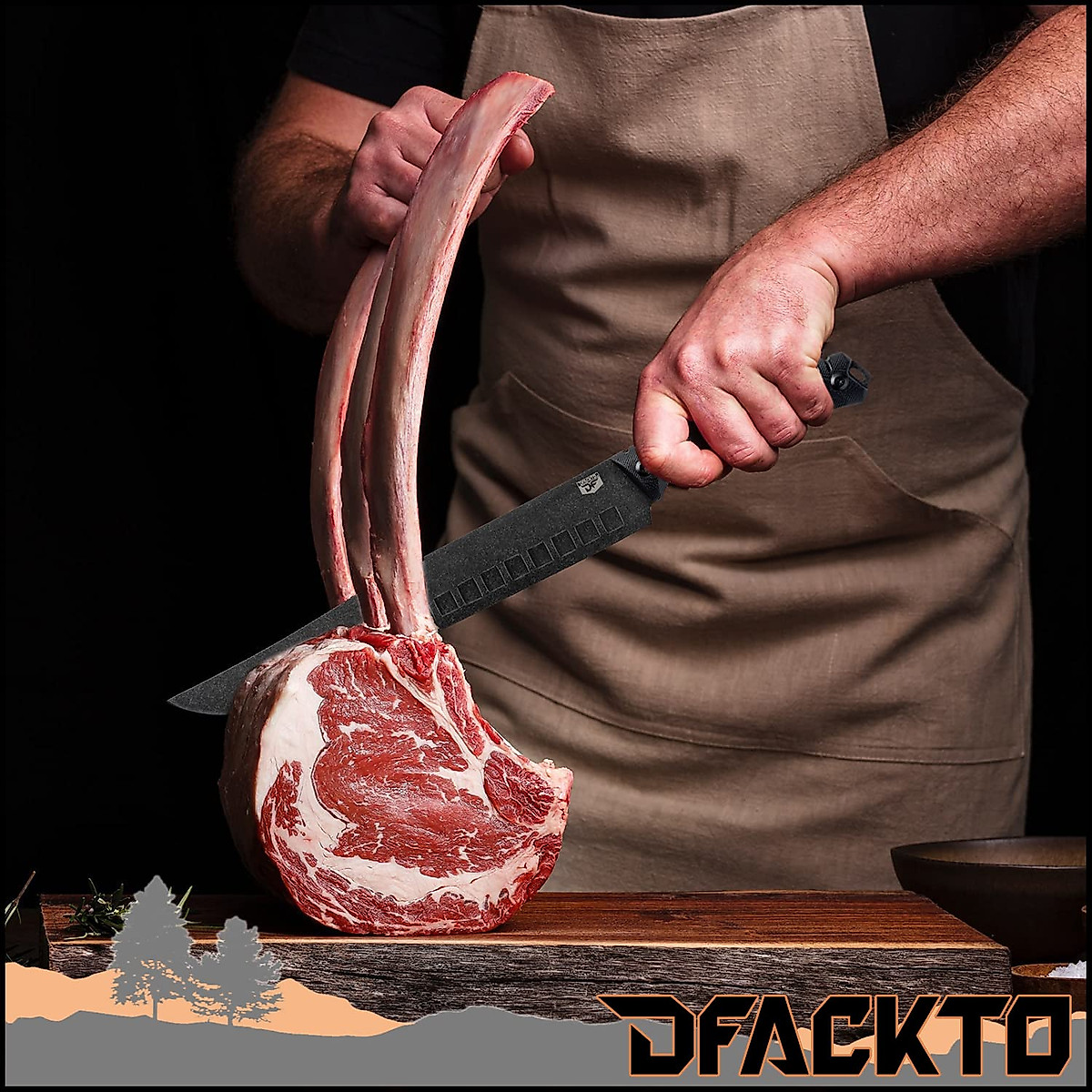 DFACKTO Interceptor 10-Inch Butcher Knife, 7-Inch Carving Fork, 8-Inch Honing Steel for Outdoors, Black Tactical G10