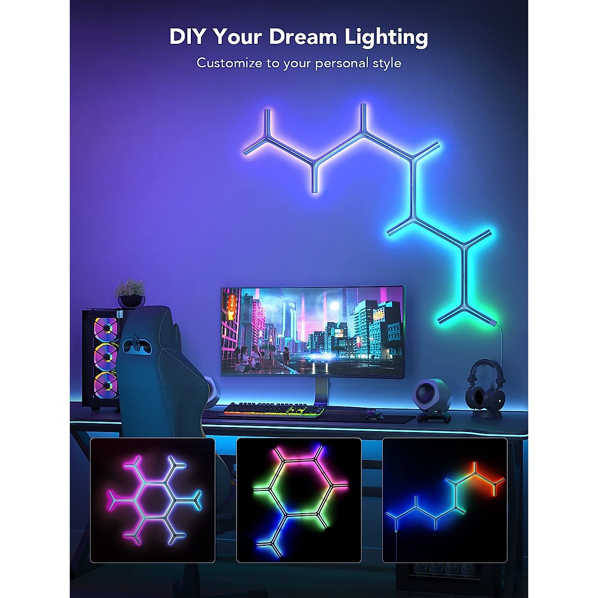 Govee Glide Y Lights, RGBIC LED Gaming Lights for Wall, Smart Wi-Fi Game Lights with Music Sync, DIY and Timer Feature, Gaming Room Lights, LED Lights for Gaming Setup, Wall Lights 7 Pack