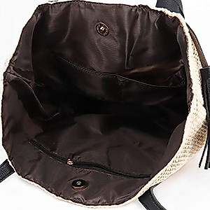 QTKJ Women Straw Summer Beach Bag Handwoven Big Tote Leather Shoulder Handbag with Tassel Decorate (Black)