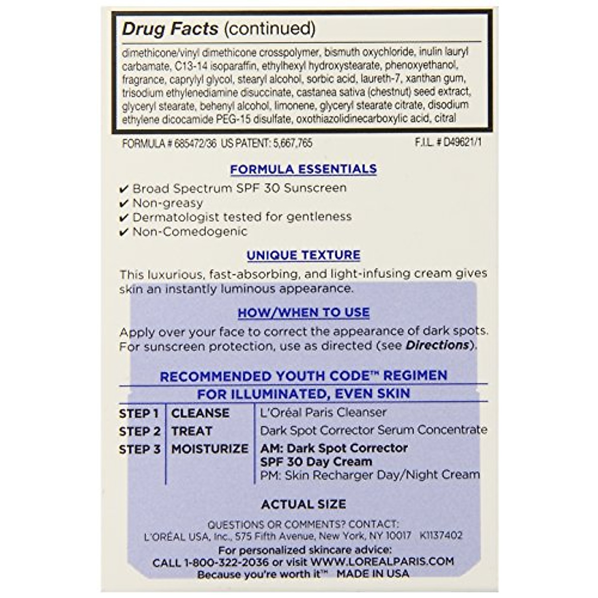 L'Oreal Paris Youth Code Dark Spot Corrector Facial Day Cream SPF 30