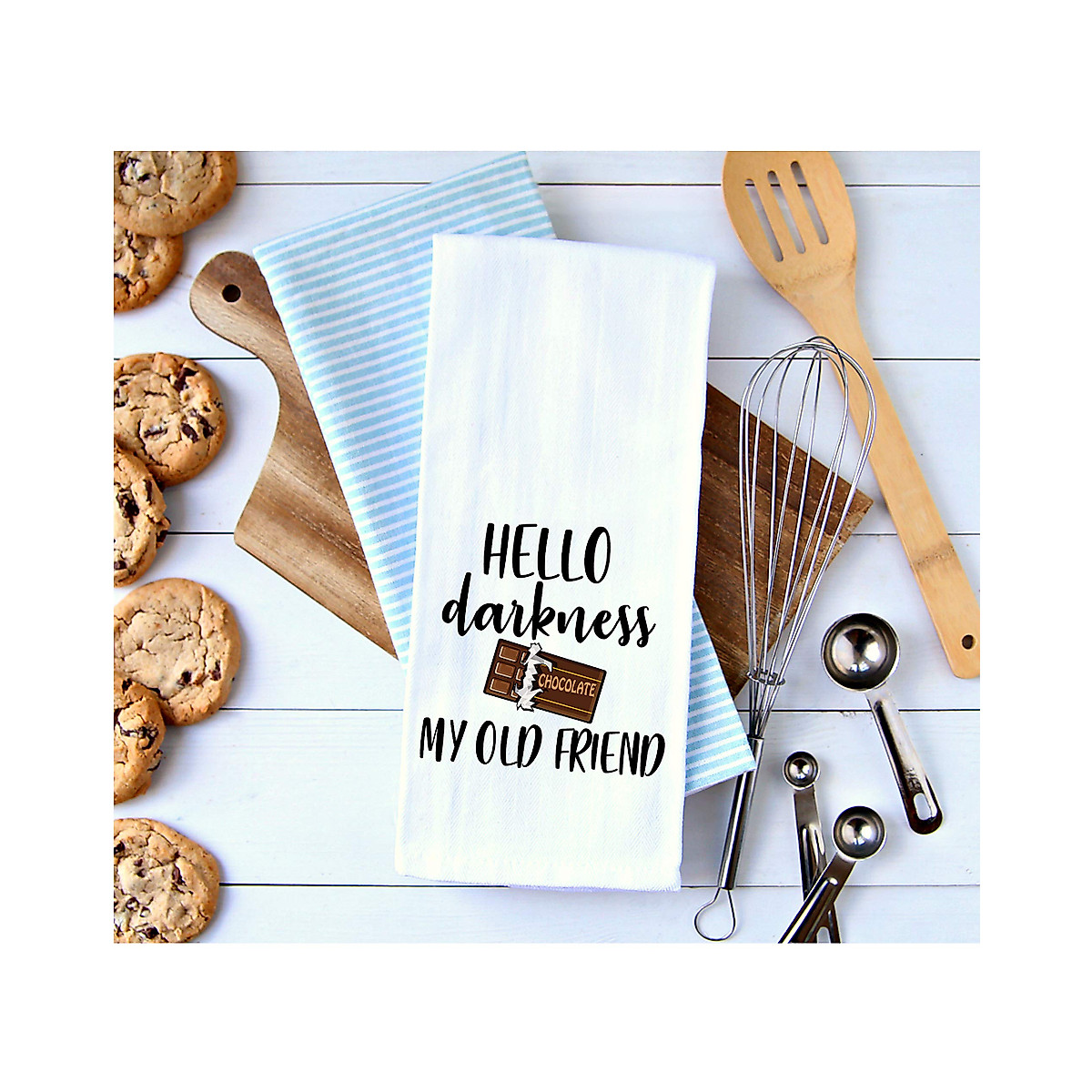 Hello Darkness My Old Friend - Dish Towel Kitchen Tea Towel Funny Saying Humorous Flour Sack Towels Great Housewarming Gift 28 inch by 28 inch, 100% Cotton, Multi-Purpose Towel