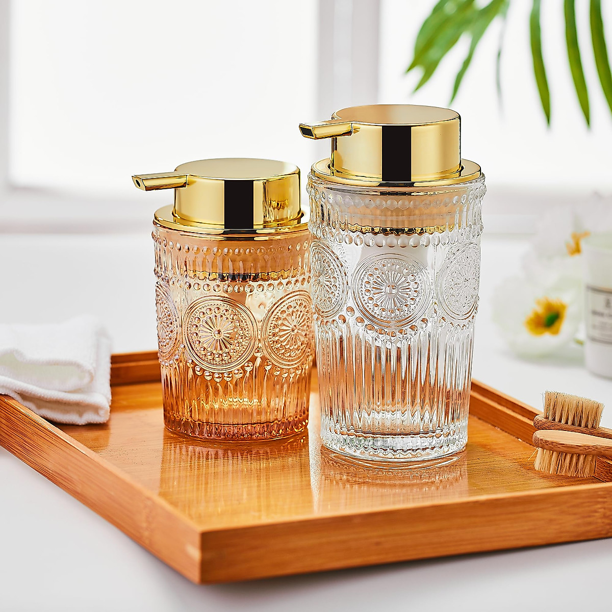 LEICURACE Foaming Hand Soap Dispenser,Glass Foam Soap Dispenser,Toothbrush Holder,Refillable Liquid Soap Dispenser,Lotion Dispenser (S-Gold-Foaming)