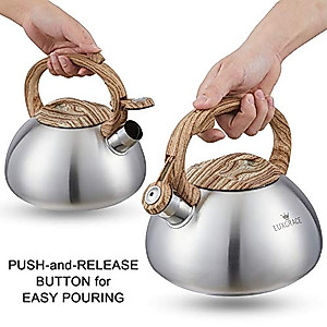 Teapot Whistling Tea Kettle with Wood Pattern Handle Loud Whistle,Food Grade Stainless Steel Tea Pot for Stovetops Water Kettle(Silver-RW)